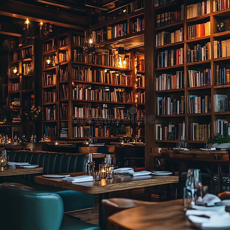 Cozy Restaurant Interior with Bookshelves and Warm Lighting Stock ...