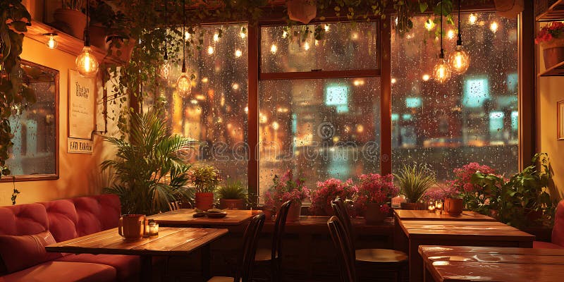 Cozy Restaurant Interior Warm Lighting Rainy Night Ambiance Stock Illustration - Illustration of ...