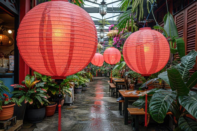 Interior Design of a Restaurant with Red Lanterns Hanging from the ...