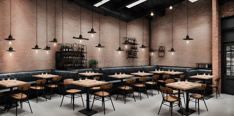 A Restaurant with a Brick Wall and Wooden Tables Created with ...