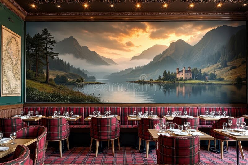 Cozy Restaurant with Scenic Mountain View Mural and Elegant Dining ...
