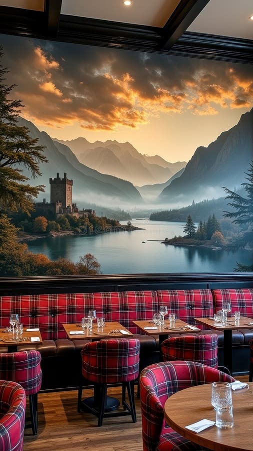 Cozy Restaurant with Scenic Mural of Castle and Mountain Lake at Sunset ...