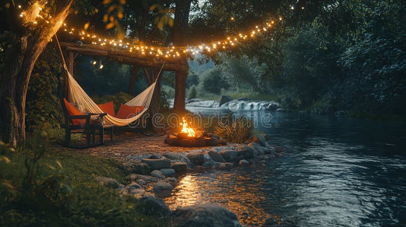 A Cozy Riverside Spot with a Hammock and a Small Fire Pit Ready for ...