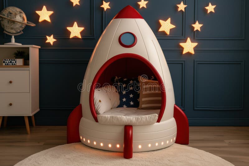 Cozy Rocket-shaped Kids Bed with Stars and Lighting Stock Illustration ...