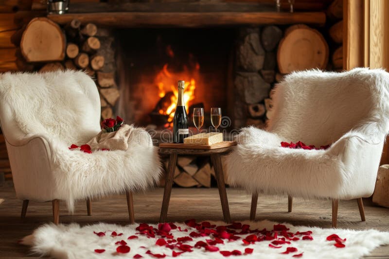 Cozy Romantic Setting with Champagne and Fireplace Ambiance Stock Photo ...