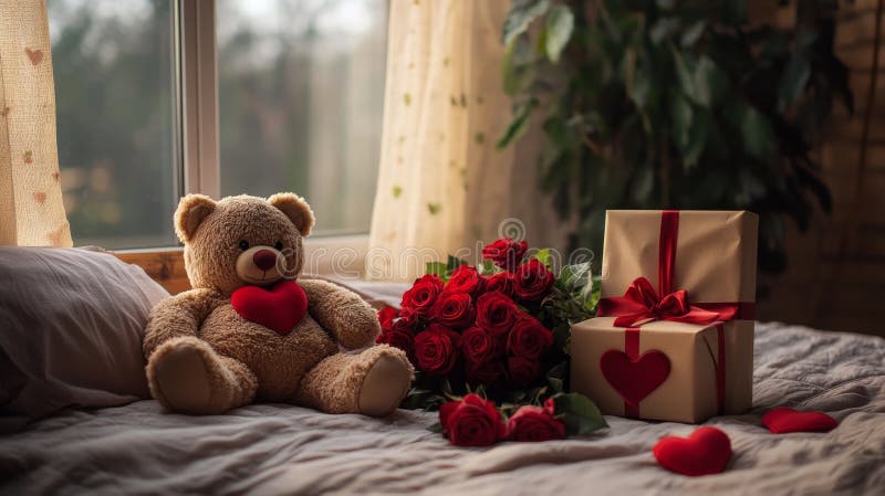 Romantic Setting with Teddy Bear, Roses, and Gift Boxes on Bed Stock Photo - Image of ...