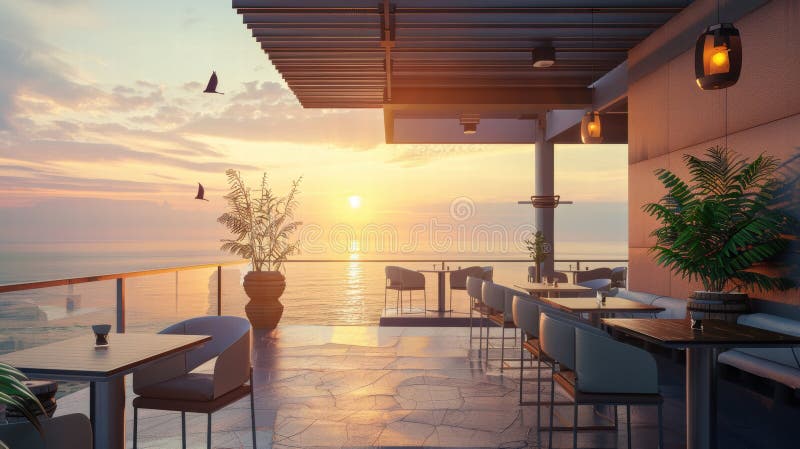 Cozy Rooftop Cafe with Open Seating and Sea View at Sunset, Warm ...