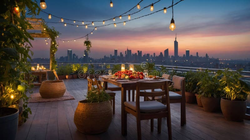 Romantic Rooftop Dinner with City Skyline View at Sunset Stock ...