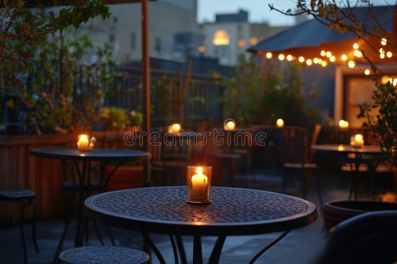 Cozy Rooftop Evening with Candlelit Tables and Soft Ambient Light Stock ...