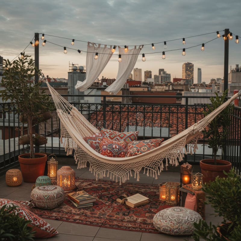 Cozy Rooftop Hammock with City Sunset View Stock Illustration ...