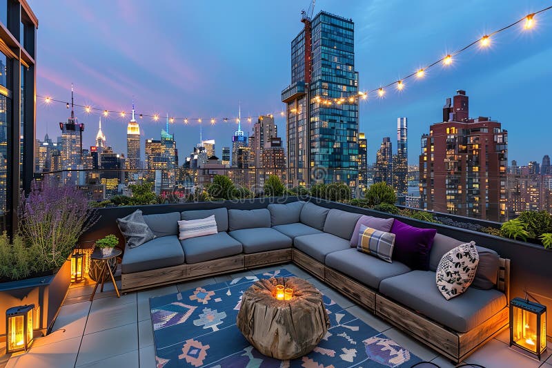 Cozy Rooftop Patio with String Lights, Comfortable Seating, and City ...