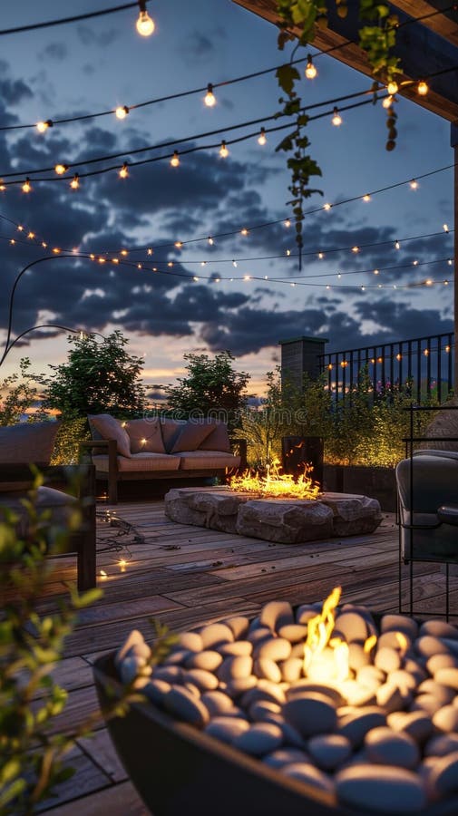 Cozy Rooftop Patio with String Lights and Fire Pit at Dusk, Outdoor Relaxation Concept Stock ...