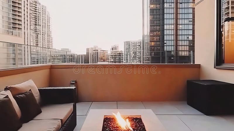 Cozy Rooftop Setting with a Fire Pit and City Skyline View during ...