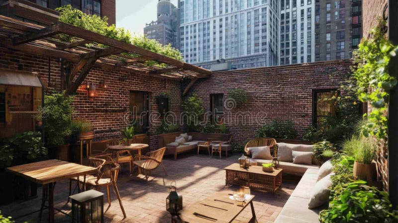 A Cozy Rooftop Terrace with Plants, Seating, and a City Skyline ...