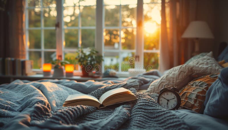 Cozy Room Ambiance Clock and Book on Table in Warm Light, Emanating ...