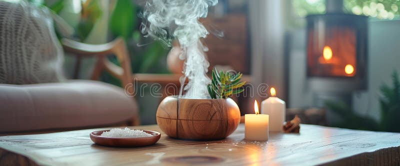 Aromatherapy Diffuser Emitting Steam Wooden Table Stock Photos - Free ...