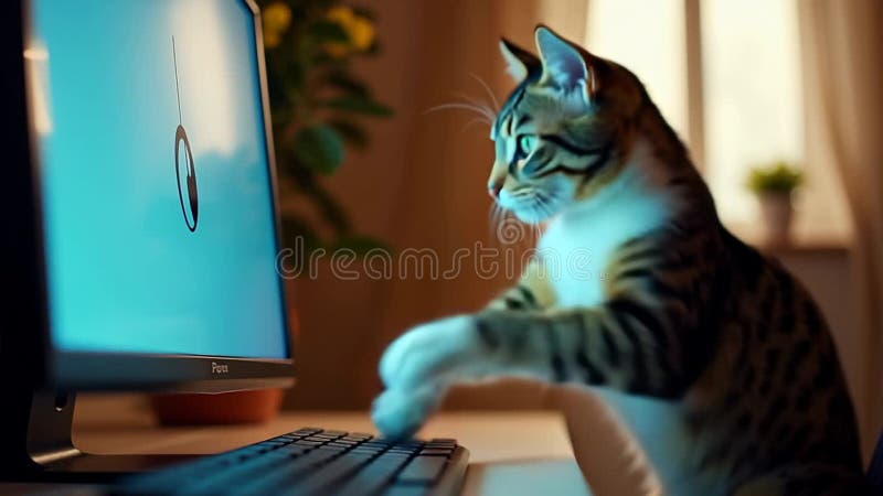 Cat Playfully Chases Computer Mouse Cursor on Screen while Stepping on ...