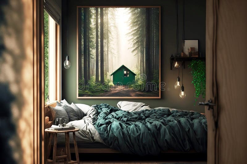 Cozy Room Interior of Tiny House Overlooking Forest Stock Illustration ...