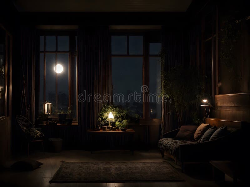 A Cozy Room with a Nice View at Night Stock Photo - Image of landscape ...