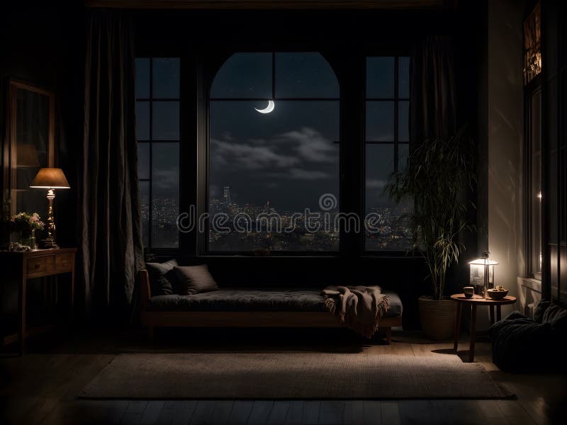 A Cozy Room with a Nice View at Night Stock Photo - Image of branches ...