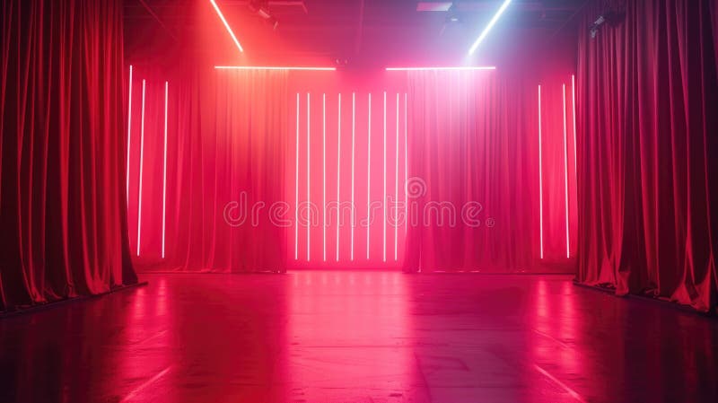 A Cozy Room with Red Curtains Lit Up by Neon Lights Stock Image - Image ...