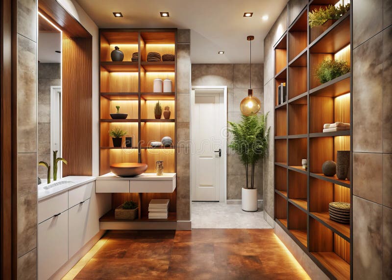 Cozy Rust and White Hallway with Builtin Shelves Modern Storage ...