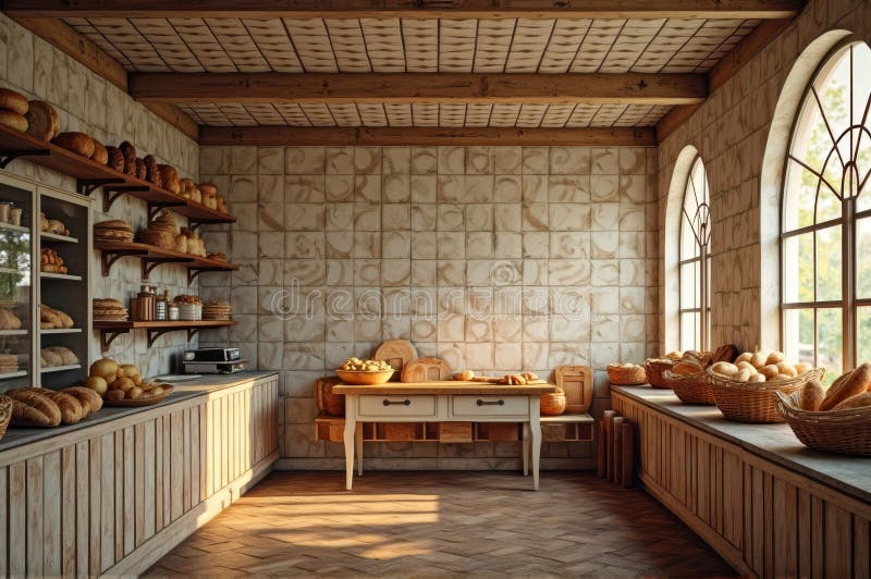 Cozy Rustic Bakery Interior with Sunlit Wooden Shelves and Bread ...