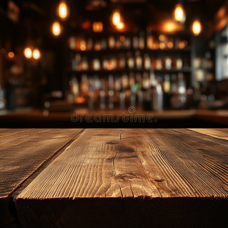 Cozy Rustic Bar Interior with Empty Wooden Table in Warm Lighting ...