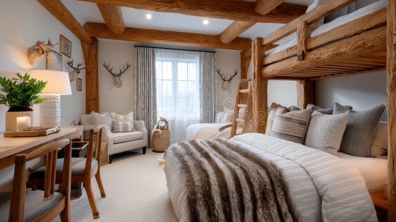 Cozy Rustic Bedroom with Bunk Bed and Natural Decor Accents Stock Photo ...