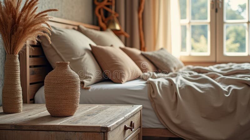 Cozy Rustic Bedroom with Earthy Tones and Natural Light Stock Image ...