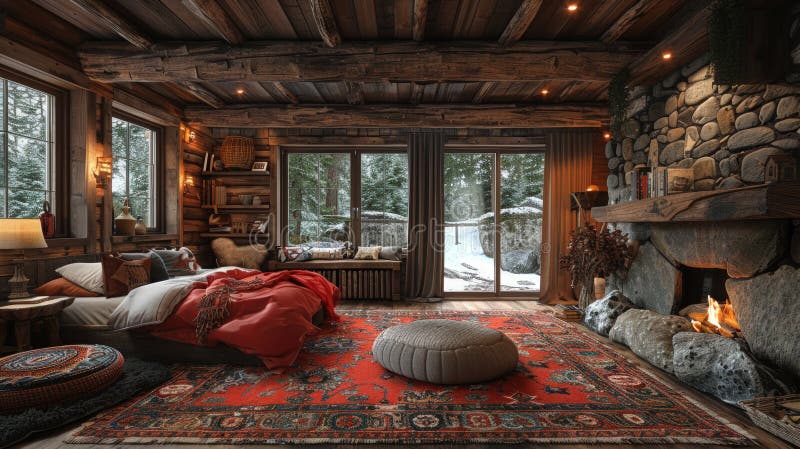 Cozy Rustic Bedroom with a Fireplace and a View of a Snowy Forest Stock ...