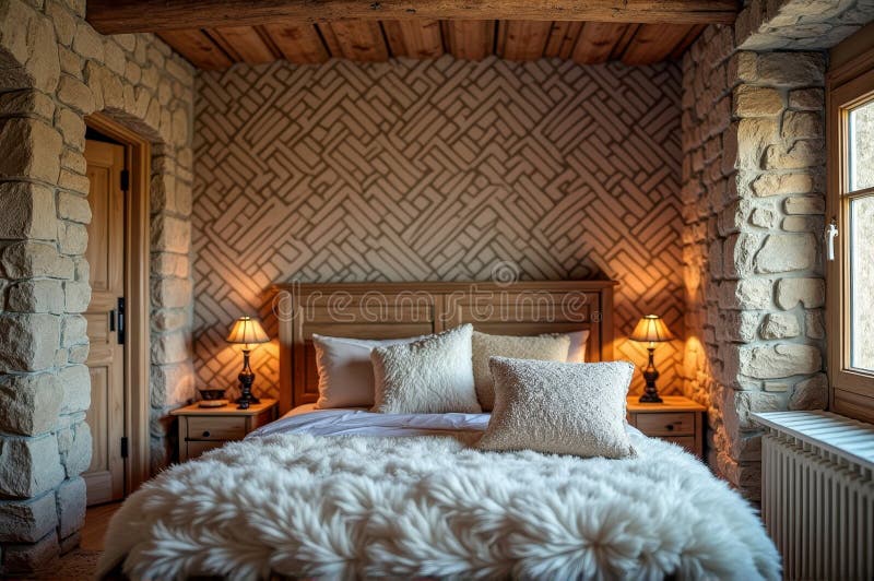 Cozy Rustic Bedroom Stone Walls Wooden Ceiling Stock Photos - Free ...