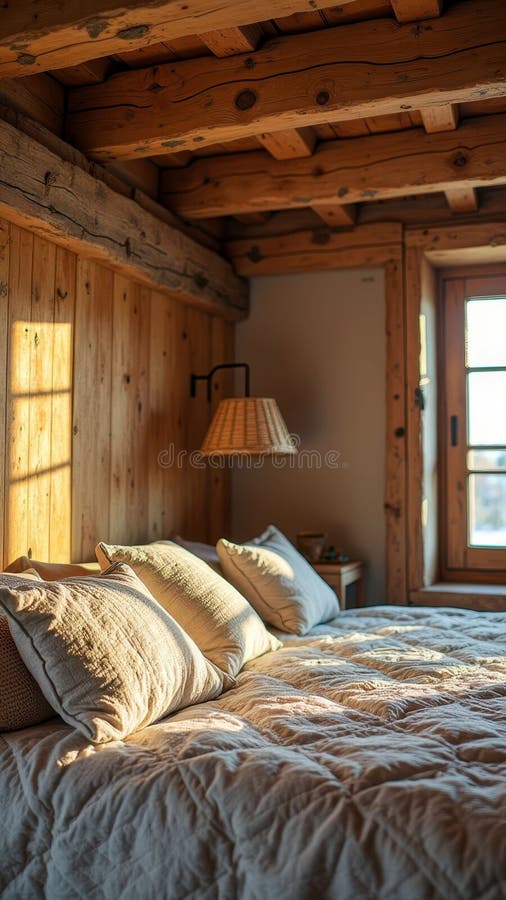 Cozy Rustic Bedroom Sunlit Wooden Interior Comfortable Bedding Stock ...