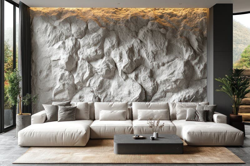 Cozy Rustic Beige Fabric Sofa in Modern Living Room with Stone Cladding ...