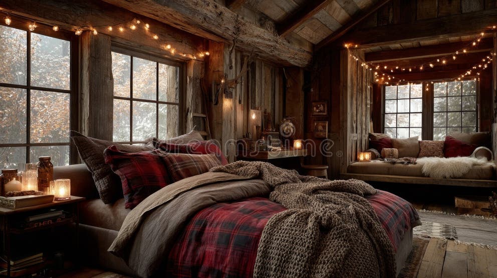 Cozy Rustic Cabin Bedroom with Snow and String Lights Stock ...