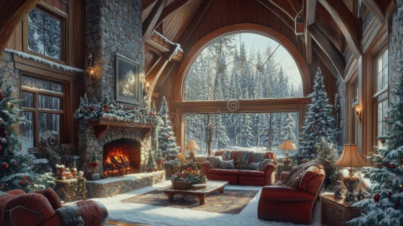 Cozy Rustic Cabin Interior with Christmas Decor Stock Illustration ...