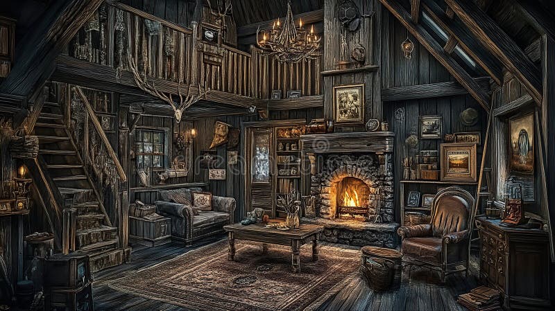 Cozy Rustic Cabin Interior, Fireplace Burning, Winter Forest View, Game ...
