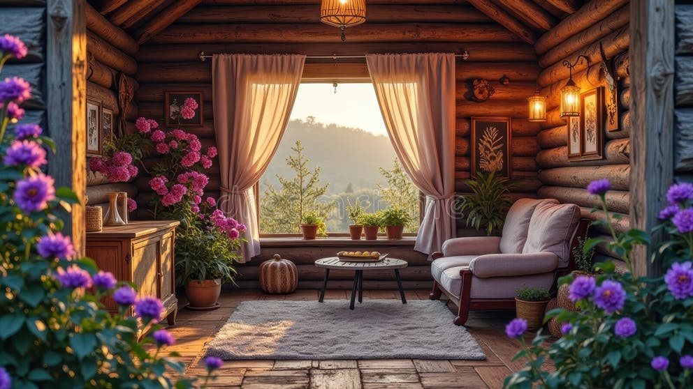 Cozy Rustic Cabin Interior with Floral Decor and Mountain View Stock ...