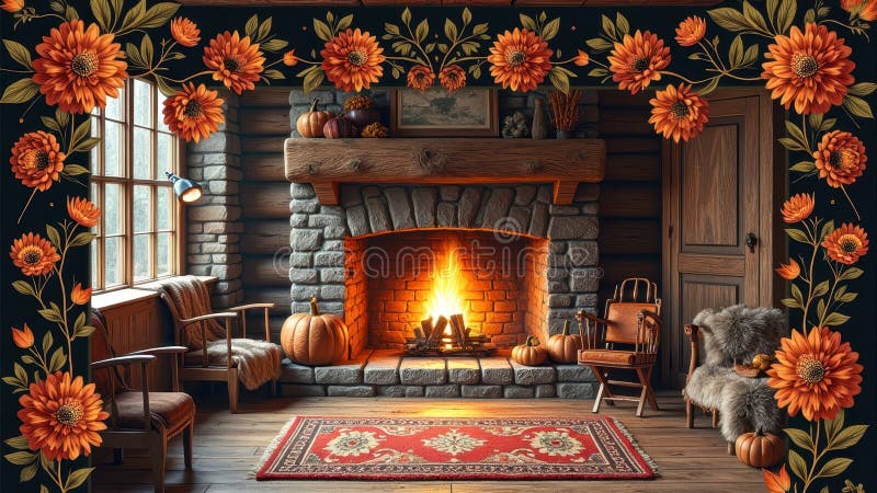 Cozy Rustic Cabin Interior with Stone Fireplace and Autumn Decorations ...