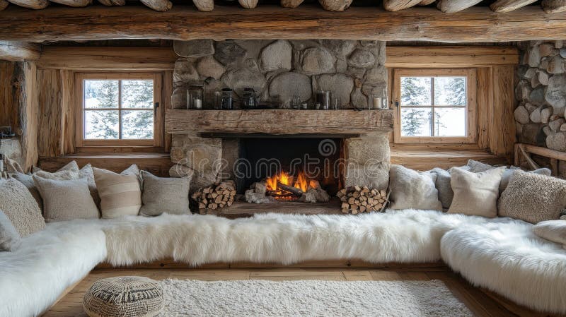 Cozy Rustic Cabin Interior with Stone Fireplace and Plush Seating in ...