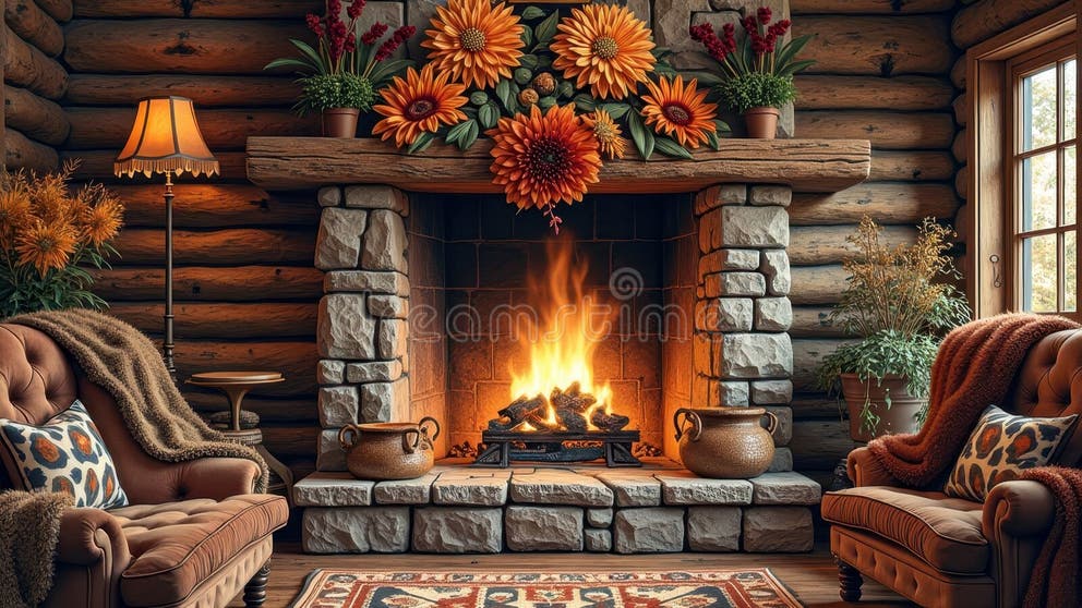 Cozy Rustic Cabin Interior with Stone Fireplace and Warm Autumn Decor ...