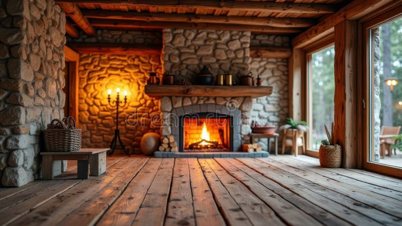 Cozy Rustic Cabin Interior with Stone Fireplace and Wooden Floor in ...