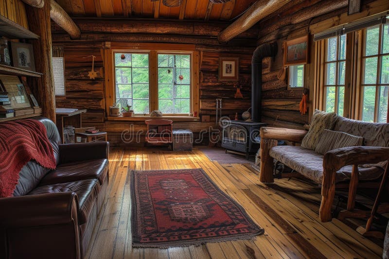 Cozy Rustic Cabin Interior with Sunlight Stock Image - Image of living ...
