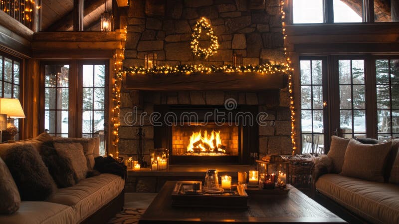 Cozy Rustic Cabin Living Room with Fireplace and Winter Decor Stock ...