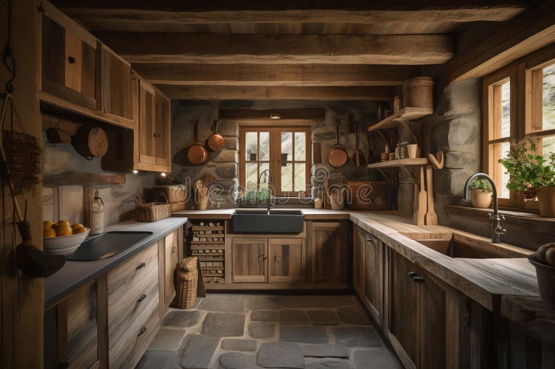 A Cozy and Rustic Cabin-style Kitchen with Wooden. Generated AI Stock ...