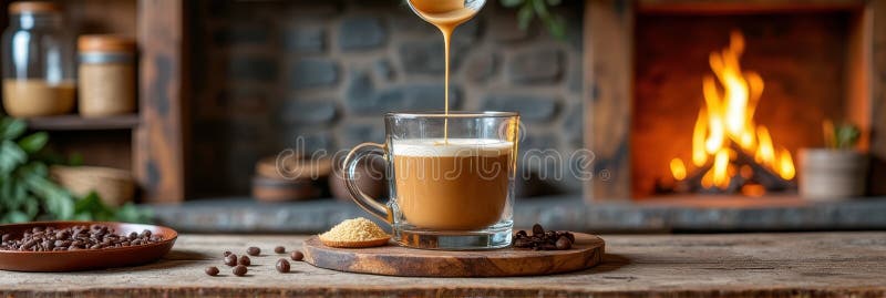 Cozy Rustic Coffee Moment with Cream and Fireplace Ambiance Stock Photo ...
