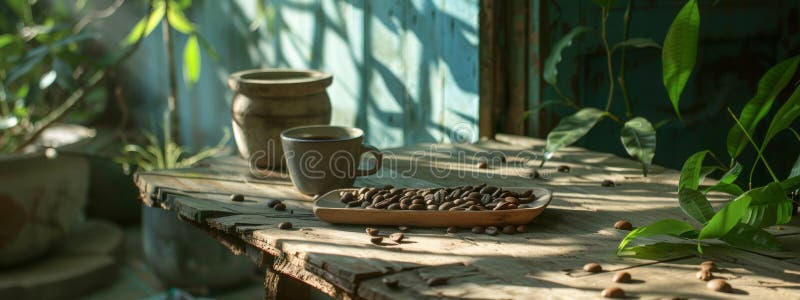 Rustic Coffee Setup with Beans and Cup on Wooden Table Stock Image ...