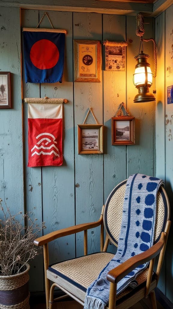 Cozy Rustic Corner with Vintage Decor and Lantern Lighting Stock Image ...