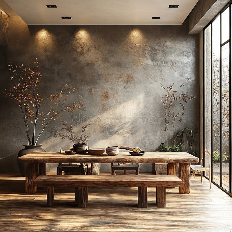 Rustic Dining Room with Warm Wood Tones and Natural Textures Stock ...
