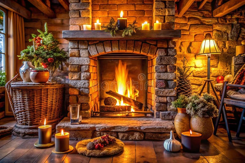 A Rustic Fireplace with Dried Flowers, Pine Cones, and Wooden Ornaments ...
